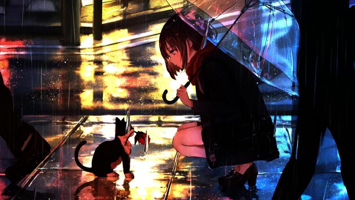 Anime Girl Playing With Cat In The Rain Live Wallpaper - MoeWalls