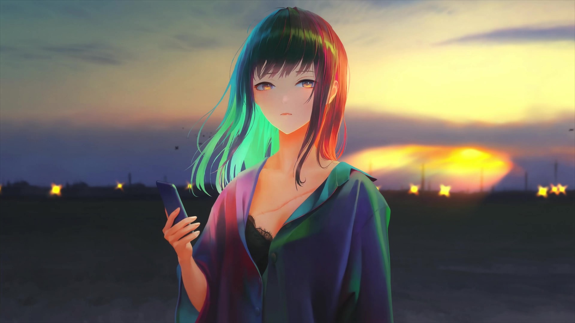 Anime Girl Colorful Hair Live Wallpaper - MoeWalls