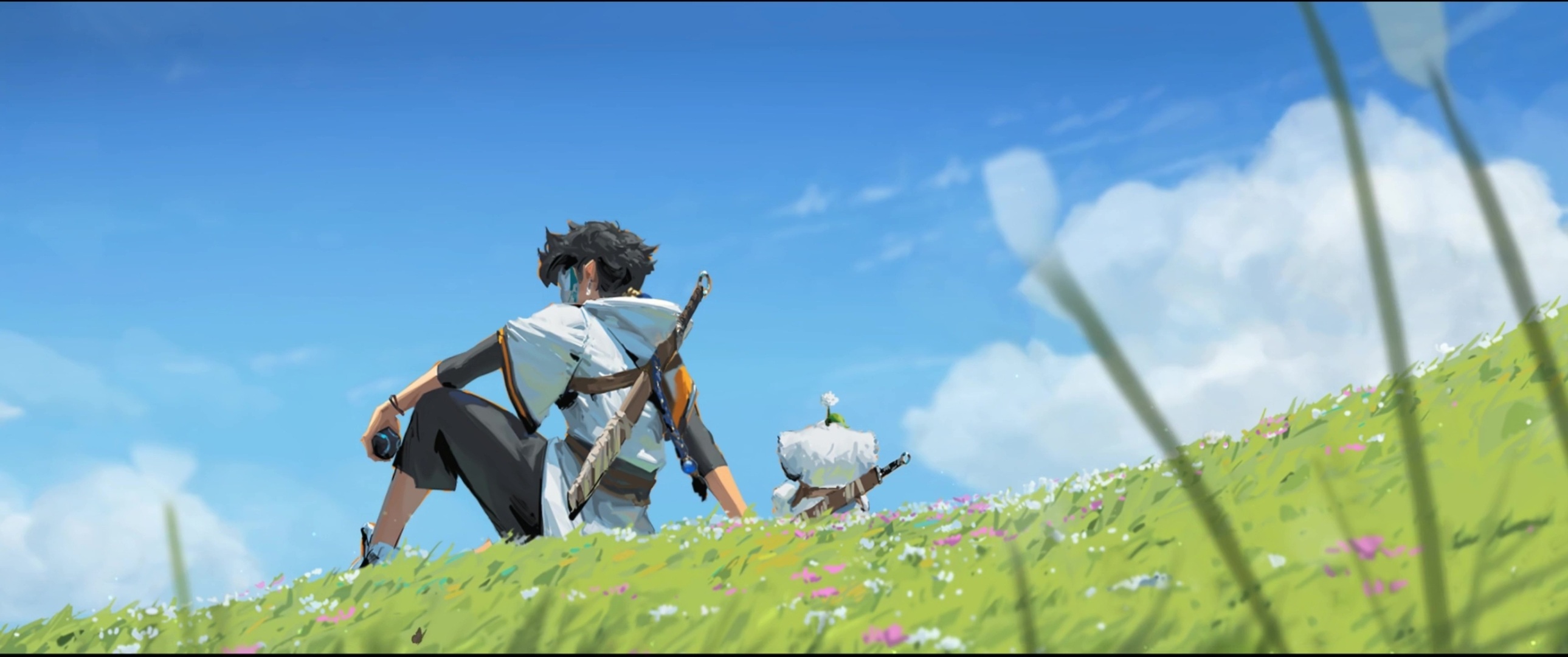 Fantasy Boy Relaxing In The Field Live Wallpaper - MoeWalls
