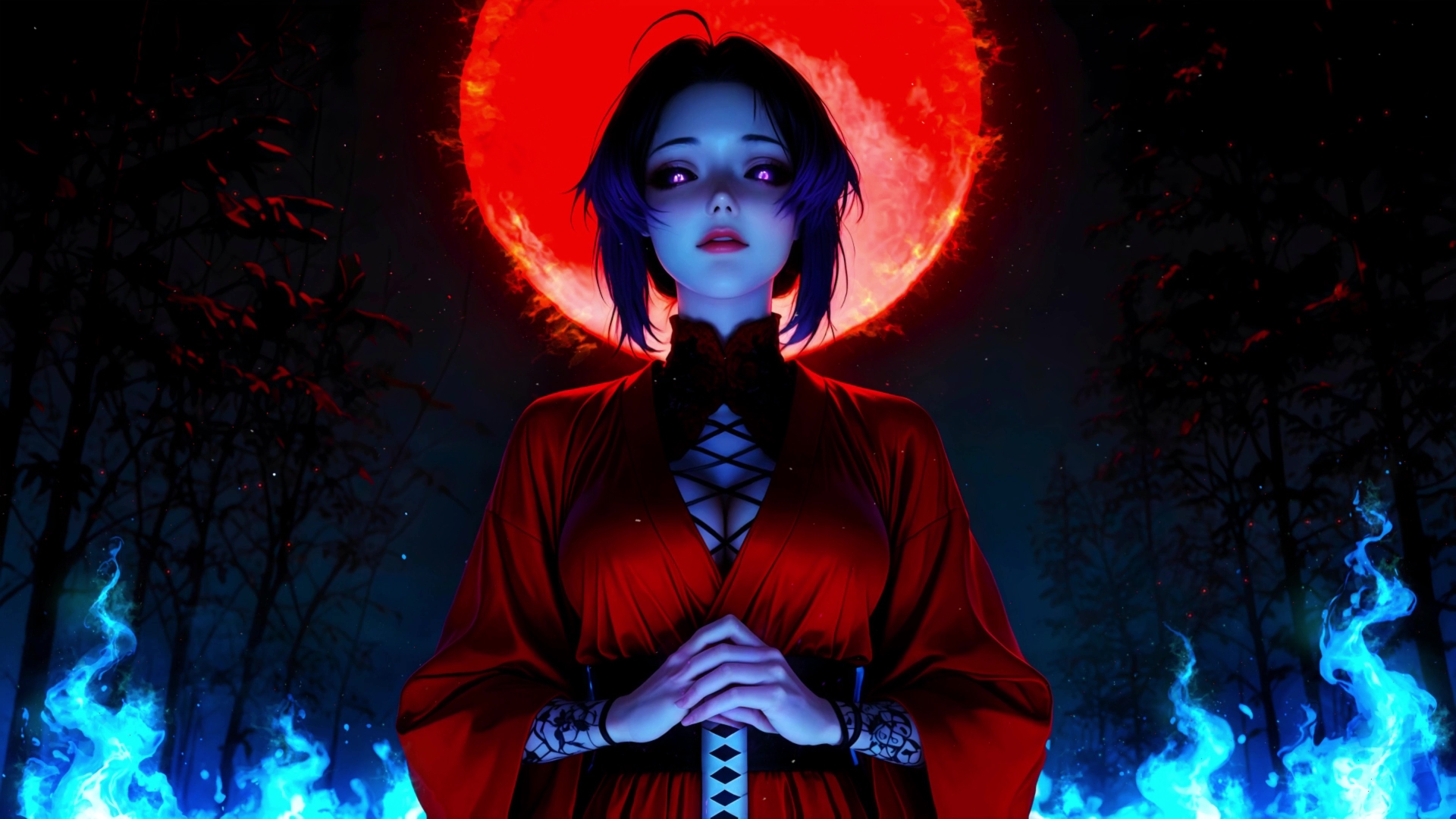 Shinobu Katana Blood Moon Kimetsu No Yaiba Live Wallpaper - MoeWalls